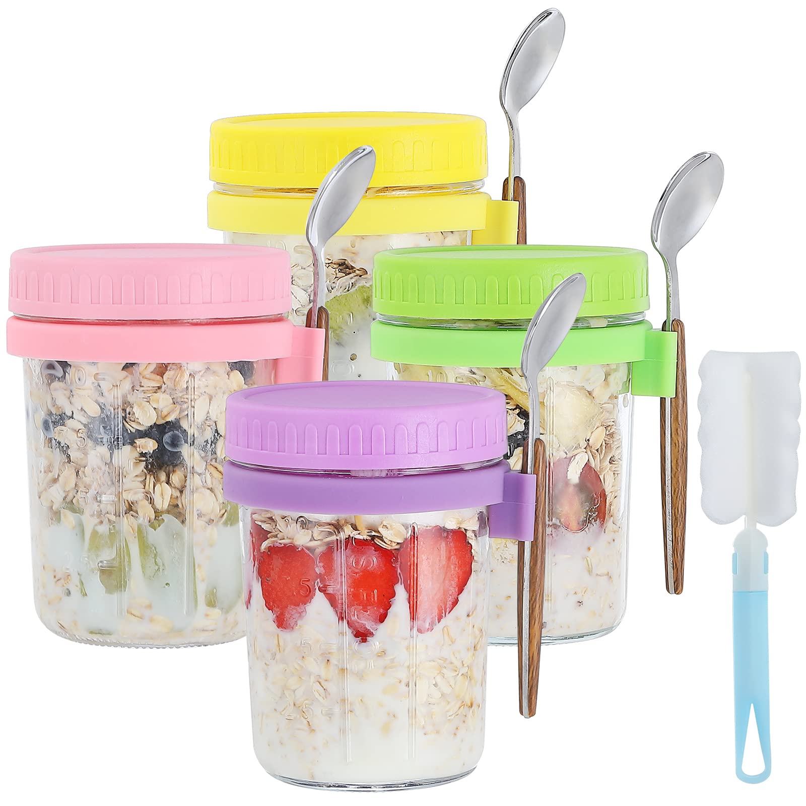 DANALLAN Overnight Oats Containers with Lids and Spoons, 4Pcs Overnight Oats Jars 10 oz Large Capacity Airtight Mason Jars for Overnight Oats Milk Vegetable Fruit Salad Cereal