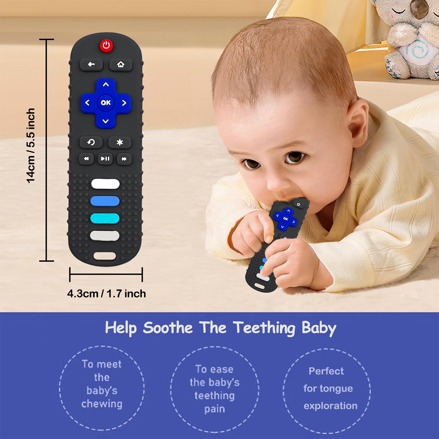 ROBBEAR Baby Teething Toys, Food Grade Silicone Teether for Babies 3 6 12 18 Months, TV Remote Shape Toddlers Chew Toys, Freezer BPA Free (Black+Blue)