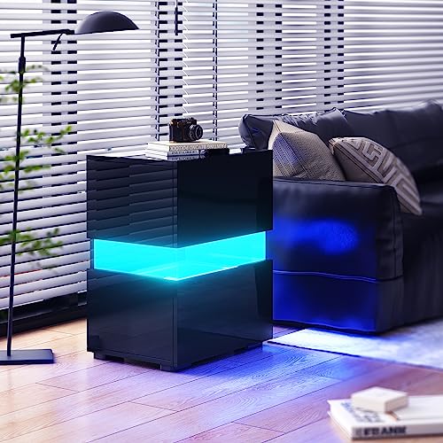 SUPERJARE LED Nightstands Set of 2, Bedside Tables with LED Lights, Night Stands with High Gloss Drawers, Remote, End Tables Side Tables, for Bedroom - Black