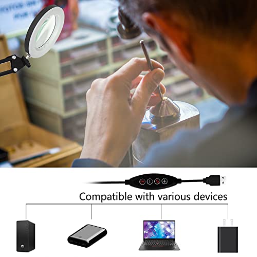 Magnifying Desk Lamp, Magnifying Glass with Light and Stand, 3 Color Modes, Magnifying Lamp with Clamp, Adjustable Swivel Arm with Light to Read Close Work (Black)