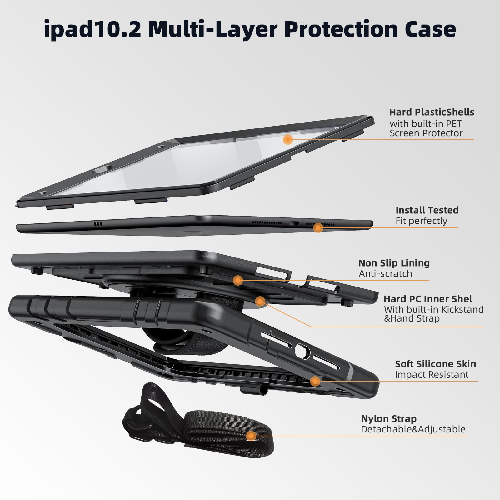 Stweap Case for iPad 9th/8th/7th Generation-Built-in Screen Protector,with Pencil Holder&360°Rotating Hand Strap,Shoulder Strap,Case for iPad 10.2 inch 2021-2019(Black)