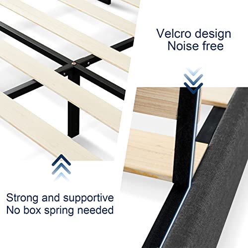 Molblly Full Size Bed Frame Upholstered Platform with Headboard, Strong Frame and Wooden Slats Support, Linen Fabric Wrap, Non-Slip and Noise-Free,No Box Spring, Easy Assembly, Dark Grey
