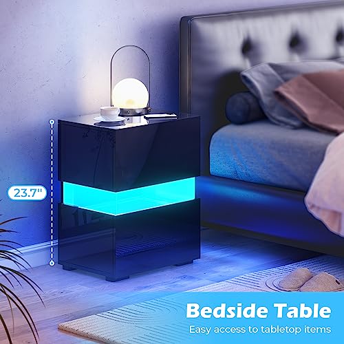 SUPERJARE LED Nightstands Set of 2, Bedside Tables with LED Lights, Night Stands with High Gloss Drawers, Remote, End Tables Side Tables, for Bedroom - Black