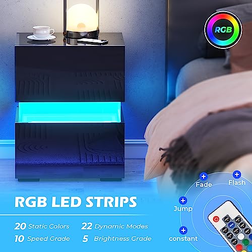 SUPERJARE LED Nightstands Set of 2, Bedside Tables with LED Lights, Night Stands with High Gloss Drawers, Remote, End Tables Side Tables, for Bedroom - Black