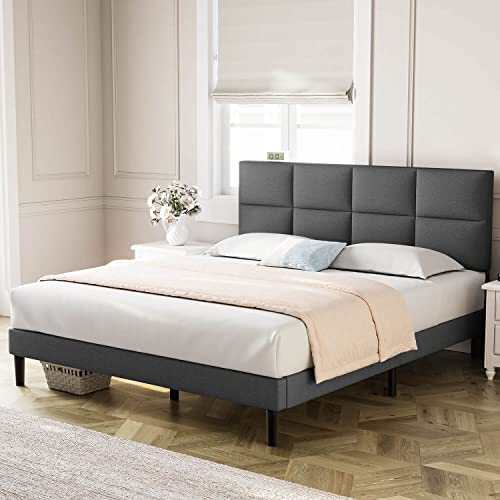 Molblly Full Size Bed Frame Upholstered Platform with Headboard, Strong Frame and Wooden Slats Support, Linen Fabric Wrap, Non-Slip and Noise-Free,No Box Spring, Easy Assembly, Dark Grey