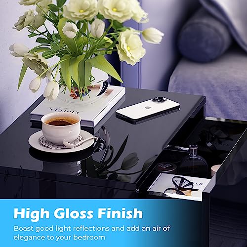 SUPERJARE LED Nightstands Set of 2, Bedside Tables with LED Lights, Night Stands with High Gloss Drawers, Remote, End Tables Side Tables, for Bedroom - Black