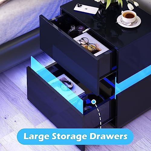 SUPERJARE LED Nightstands Set of 2, Bedside Tables with LED Lights, Night Stands with High Gloss Drawers, Remote, End Tables Side Tables, for Bedroom - Black