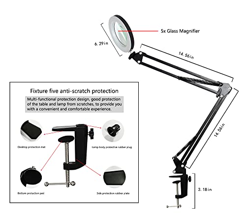 Magnifying Desk Lamp, Magnifying Glass with Light and Stand, 3 Color Modes, Magnifying Lamp with Clamp, Adjustable Swivel Arm with Light to Read Close Work (Black)