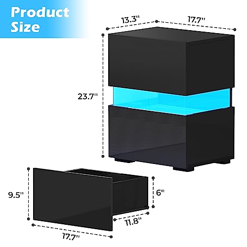 SUPERJARE LED Nightstands Set of 2, Bedside Tables with LED Lights, Night Stands with High Gloss Drawers, Remote, End Tables Side Tables, for Bedroom - Black