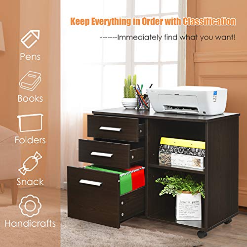 Giantex 3-Drawer File Cabinet, Mobile Lateral Filing Cabinet with Wheels, Large Printer Stand with 3 Drawers and Open Storage Shelves, Multifunctional Storage Cabinet for Home Office (Espresso)