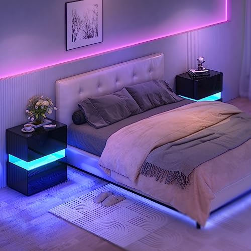 SUPERJARE LED Nightstands Set of 2, Bedside Tables with LED Lights, Night Stands with High Gloss Drawers, Remote, End Tables Side Tables, for Bedroom - Black