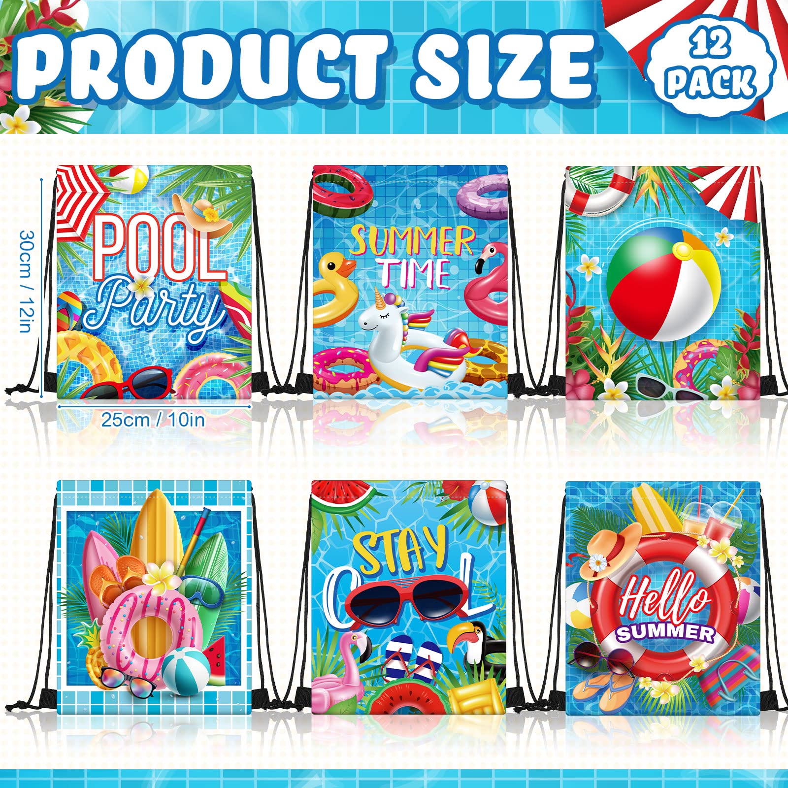 Kacctyen 12 Pcs Pool Beach Drawstring Bags Summer Drawstring Backpack Beach Ball String Birthday Bag Pool Party Decoration (Classic)