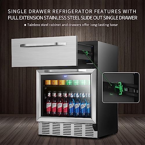 Karcassin 24 Inch Indoor Under Counter Drawer Fridge，Stainless Steel 2 in 1 Beverage Refrigerator Built-in and Freestanding with Digital Display for Home and Commercial Use