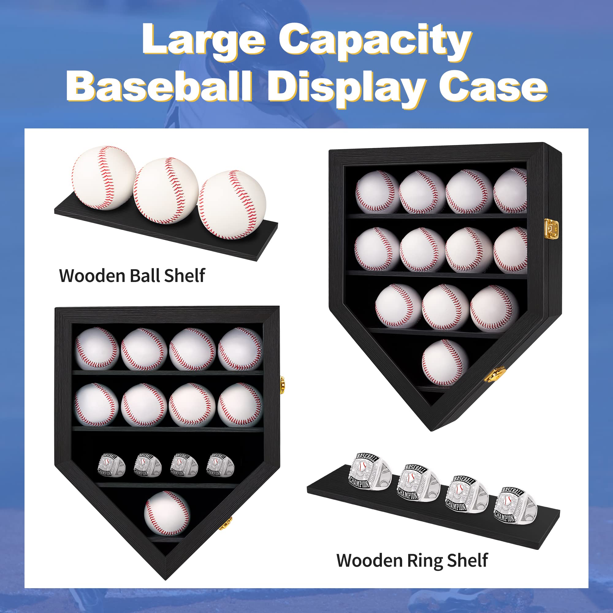 Kacorn Baseballs and Championship Rings Display Case Wall Cabinet with 12 Holders, 98% UV Protection, Wood Ideal for Collection Autographed Baseball Ball Holder