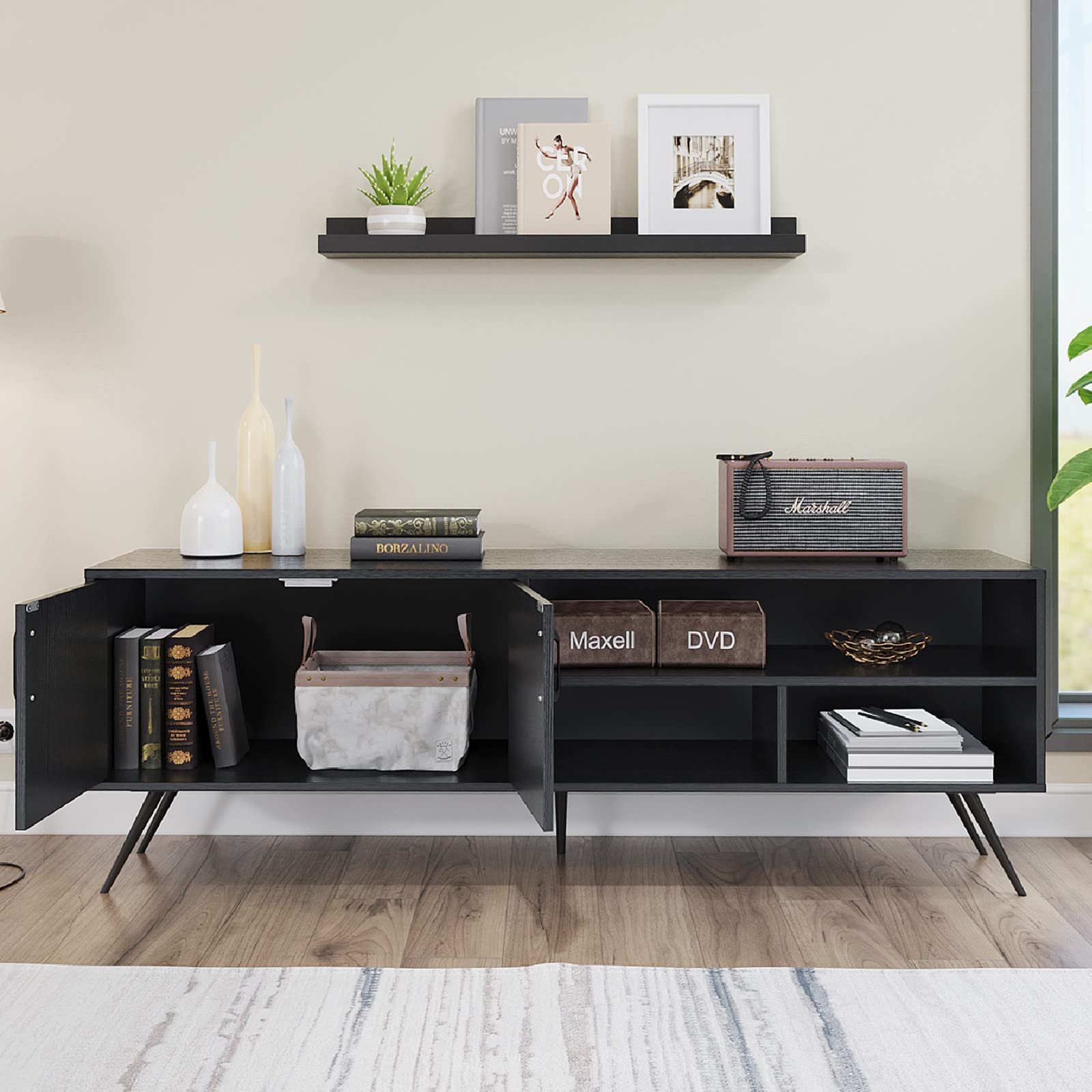 Panana TV Stand Television Console Unit Cabinets with 3 Open Cubby and 2 Doors for Living Room Bedroom for TVs up to 70 Inches (62.99 Inches Black)