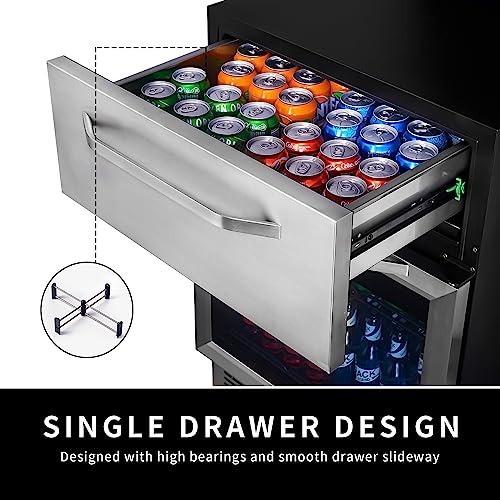 Karcassin 24 Inch Indoor Under Counter Drawer Fridge，Stainless Steel 2 in 1 Beverage Refrigerator Built-in and Freestanding with Digital Display for Home and Commercial Use