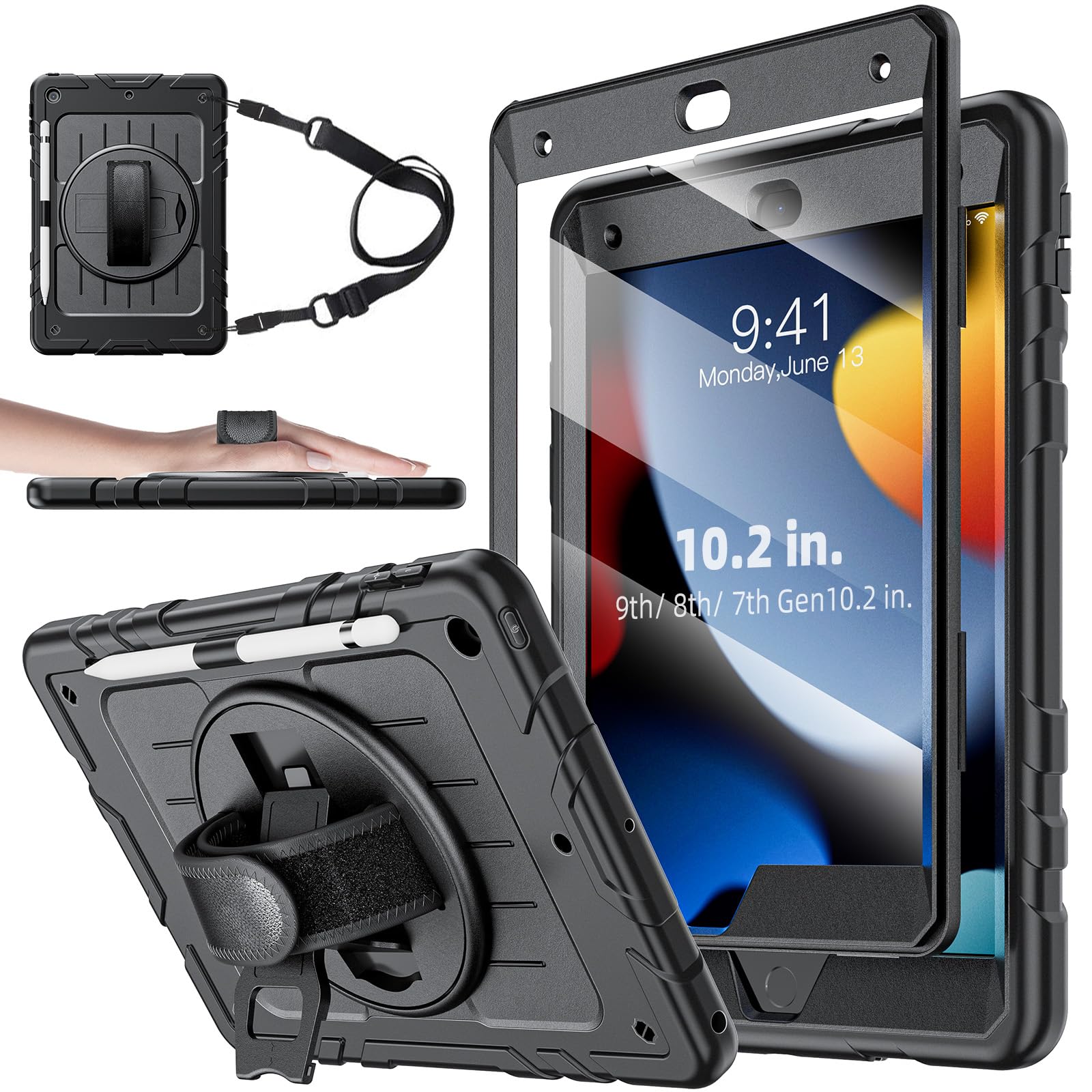 Stweap Case for iPad 9th/8th/7th Generation-Built-in Screen Protector,with Pencil Holder&360°Rotating Hand Strap,Shoulder Strap,Case for iPad 10.2 inch 2021-2019(Black)