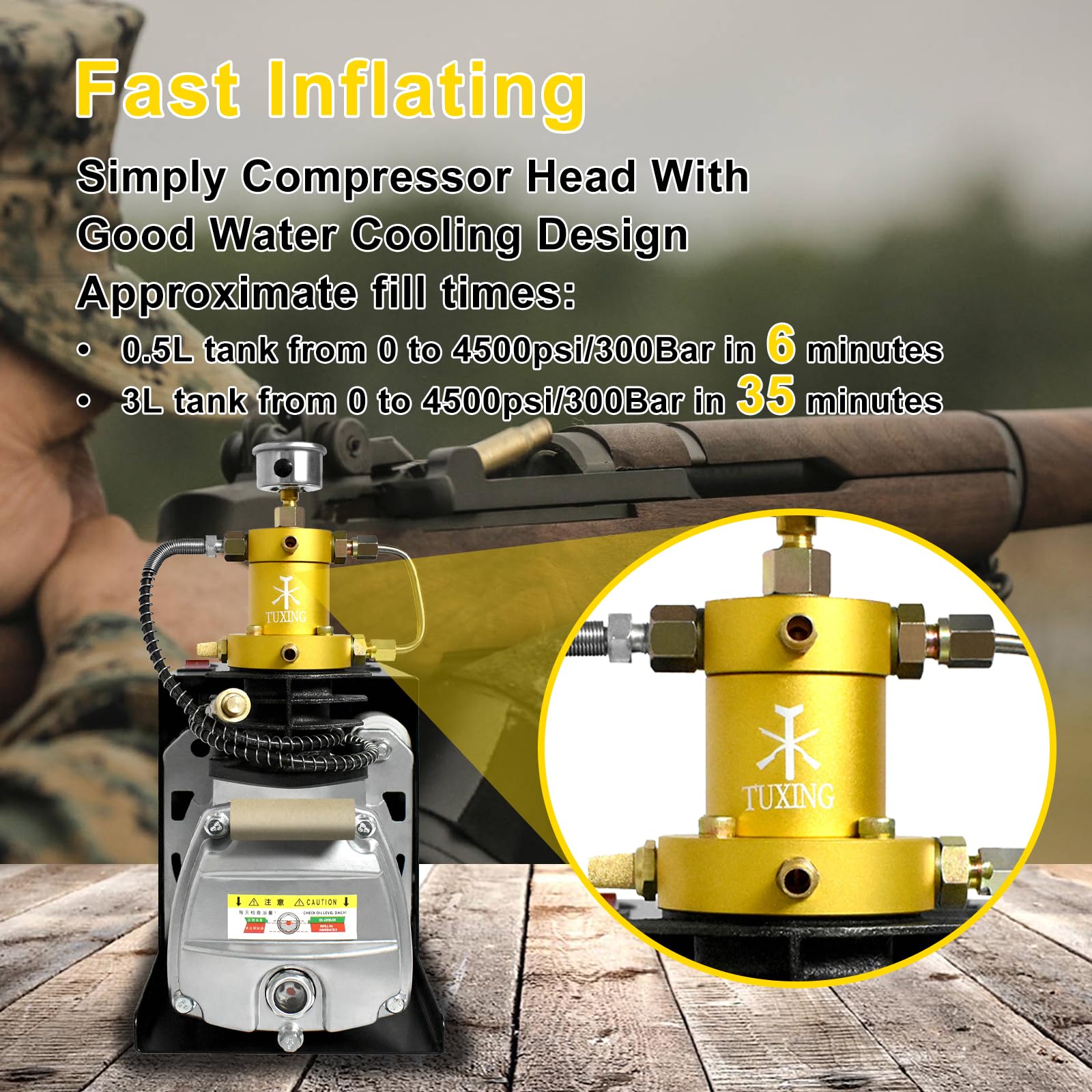 TUXING Pcp Air Compressor,4500Psi/30Mpa/300Bar Scuba Compressor, Manually Shutoff Electric Compressor with Water/Fan Dual Cooling System for Pcp Air Rifle, Scuba Tank Charging