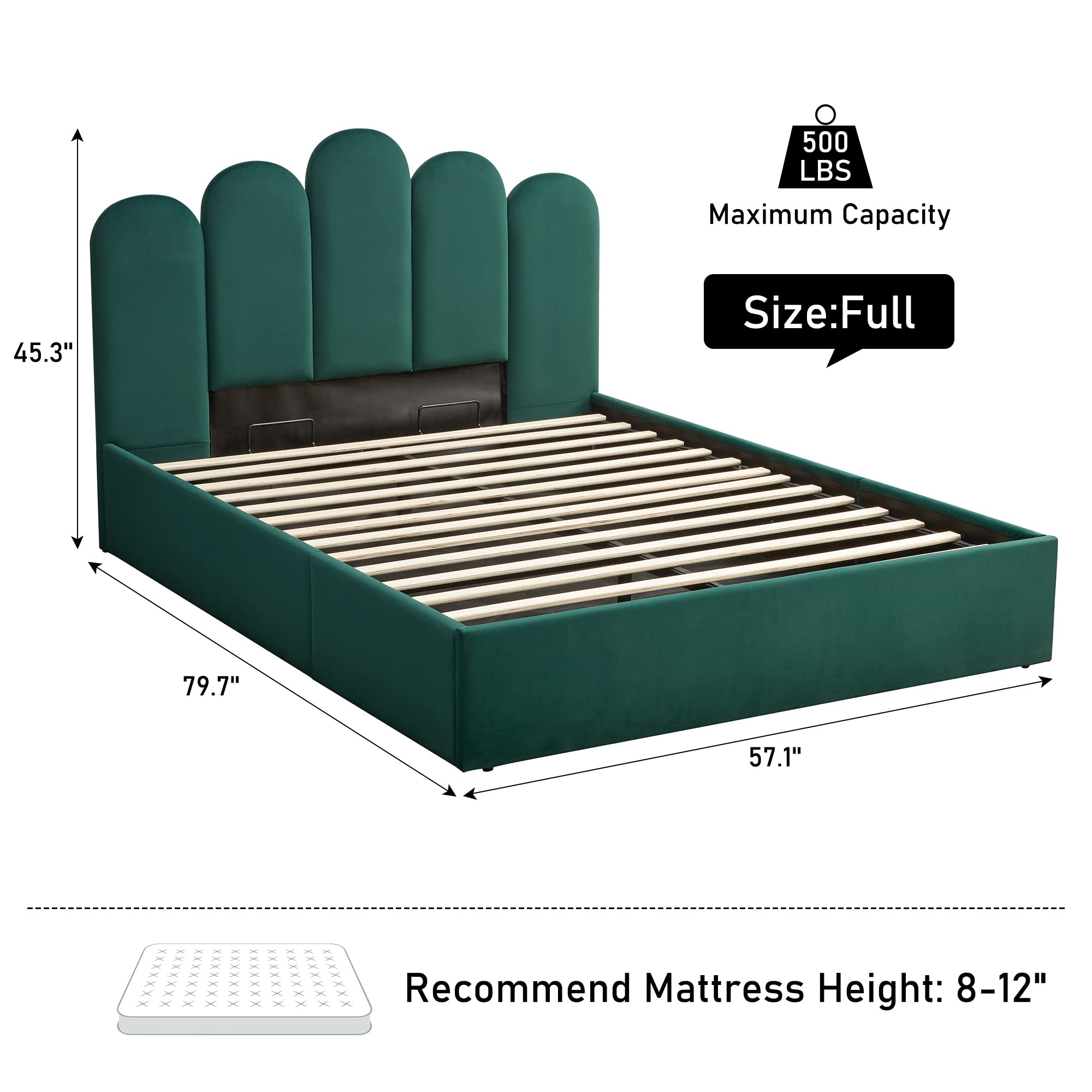 Zanmintaobo Lift Up Storage Bed Full Size, Upholstered Platform Bed with Hydraulic Storage System & Wood Slats Support, Full Bed Frame with Headboard, No Box Spring Needed, Easy Assembly, Green