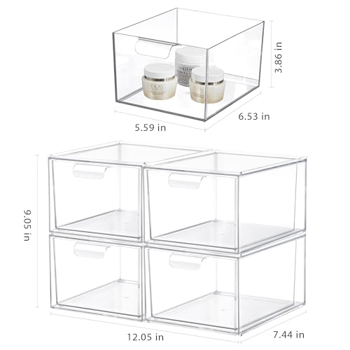 Syntus 4 Piece Set Stackable Makeup Organizer Drawers, 4.4'' Tall Acrylic Bathroom Storage Drawer, Plastic Cosmetics Storage Box for Vanity, Undersink, Skincare, Kitchen Cabinets, Pantry Organization