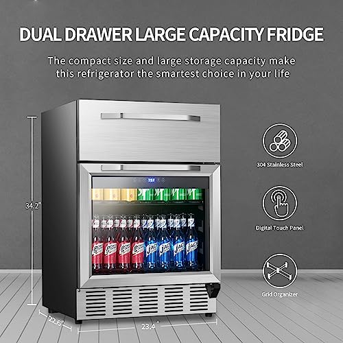 Karcassin 24 Inch Indoor Under Counter Drawer Fridge，Stainless Steel 2 in 1 Beverage Refrigerator Built-in and Freestanding with Digital Display for Home and Commercial Use