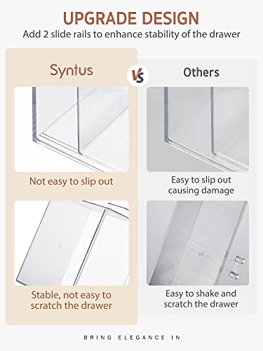 Syntus 4 Piece Set Stackable Makeup Organizer Drawers, 4.4'' Tall Acrylic Bathroom Storage Drawer, Plastic Cosmetics Storage Box for Vanity, Undersink, Skincare, Kitchen Cabinets, Pantry Organization