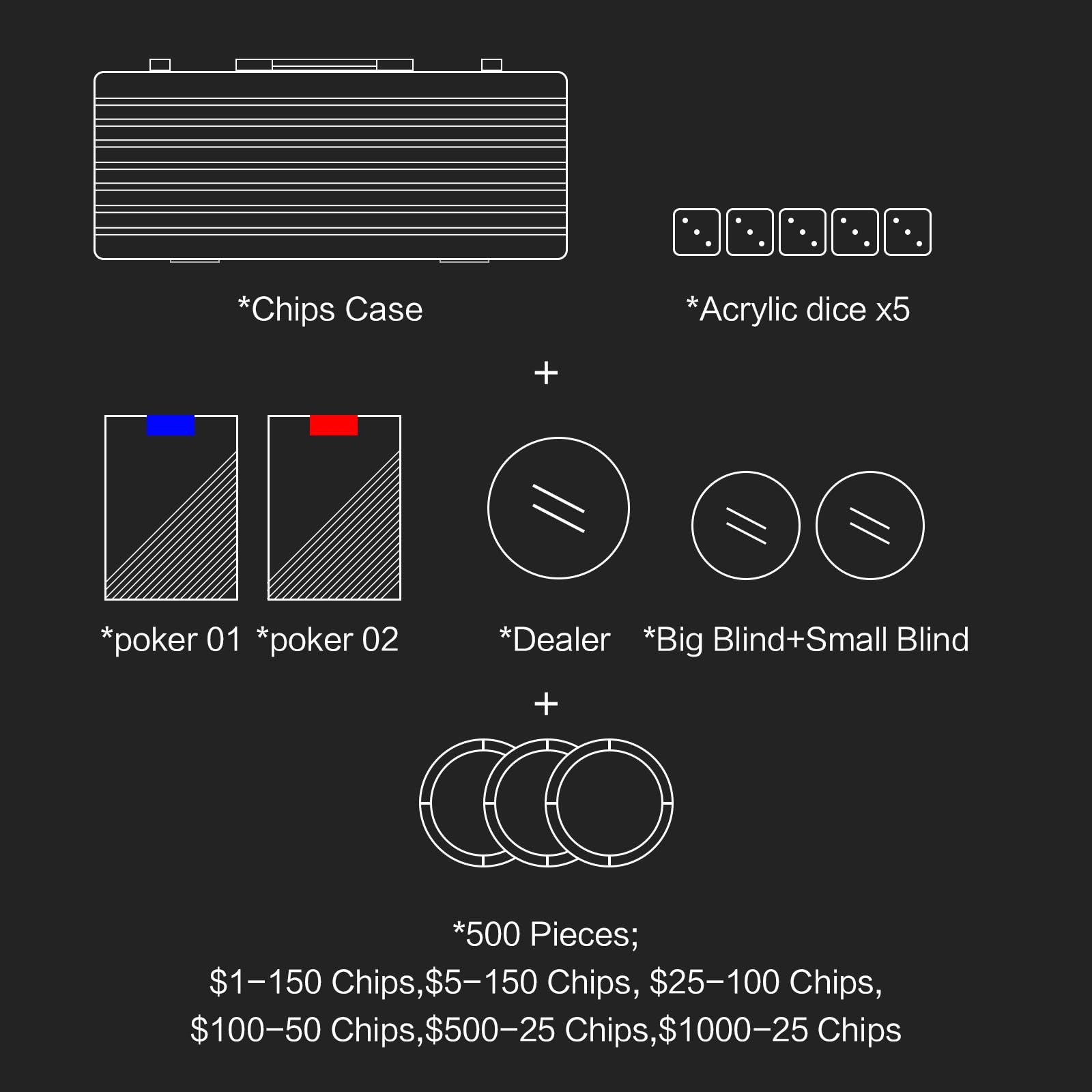 JIESITE 14g Clay Poker Chips Set, 500 Poker Chips, 39mm, with High-end Aluminum Carrying Case/2 Decks of Plastic Playing Cards/Dealer Button, for Poker Games, Blackjack, Texas Hold'em