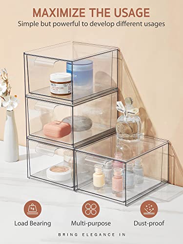 Syntus 4 Piece Set Stackable Makeup Organizer Drawers, 4.4'' Tall Acrylic Bathroom Storage Drawer, Plastic Cosmetics Storage Box for Vanity, Undersink, Skincare, Kitchen Cabinets, Pantry Organization