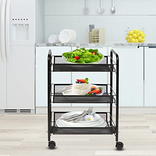 Ruishetop Rolling Push Cart Stand Shelves, Storage Rack with Wheels with Mesh Wire Basket, Multifunction Metal Trolley Organizer for Home, Office, Bedroom, Bathroom, Kitchen (3-Tier Black)