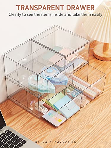 Syntus 4 Piece Set Stackable Makeup Organizer Drawers, 4.4'' Tall Acrylic Bathroom Storage Drawer, Plastic Cosmetics Storage Box for Vanity, Undersink, Skincare, Kitchen Cabinets, Pantry Organization
