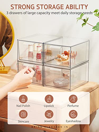 Syntus 4 Piece Set Stackable Makeup Organizer Drawers, 4.4'' Tall Acrylic Bathroom Storage Drawer, Plastic Cosmetics Storage Box for Vanity, Undersink, Skincare, Kitchen Cabinets, Pantry Organization
