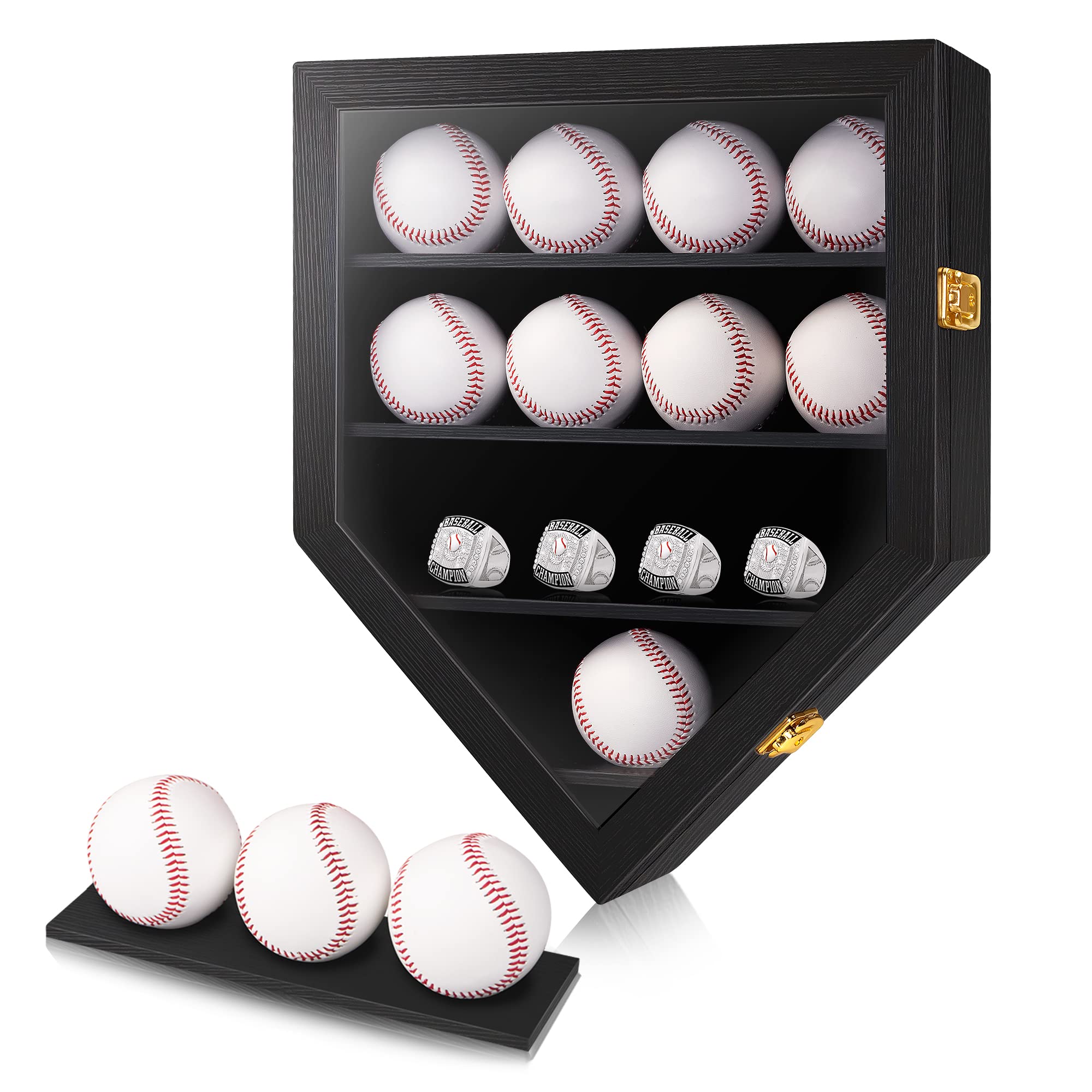 Kacorn Baseballs and Championship Rings Display Case Wall Cabinet with 12 Holders, 98% UV Protection, Wood Ideal for Collection Autographed Baseball Ball Holder
