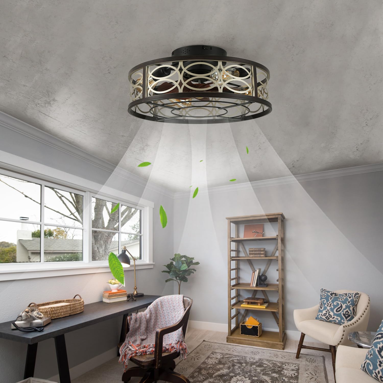 HUEOCZW 20" Caged Ceiling Fan with Light and Remote,bladeless Ceiling Fan 6 Speed Reversible with 4 Bulbs and Remote Control.Low Profile Ceiling Fan with Lights for Bedroom, Dining Room
