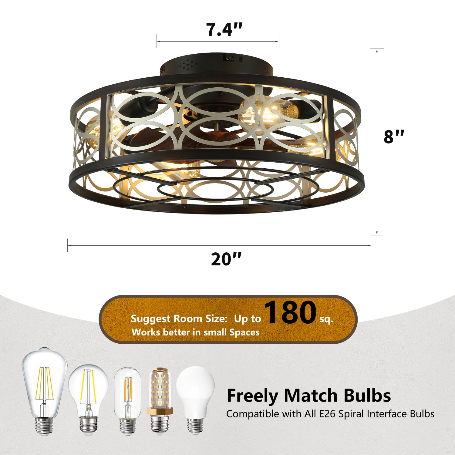 HUEOCZW 20" Caged Ceiling Fan with Light and Remote,bladeless Ceiling Fan 6 Speed Reversible with 4 Bulbs and Remote Control.Low Profile Ceiling Fan with Lights for Bedroom, Dining Room