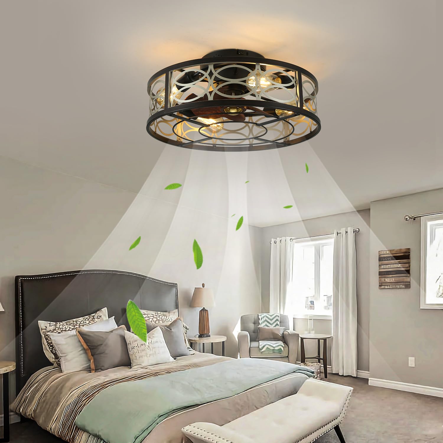 HUEOCZW 20" Caged Ceiling Fan with Light and Remote,bladeless Ceiling Fan 6 Speed Reversible with 4 Bulbs and Remote Control.Low Profile Ceiling Fan with Lights for Bedroom, Dining Room
