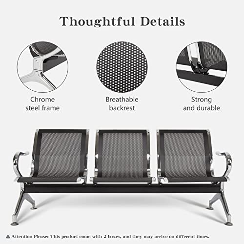 Elesuli 3 Seats Reception Waiting Room Chair Guest Chairs Bench for Hospital Offices Salon Barber Black