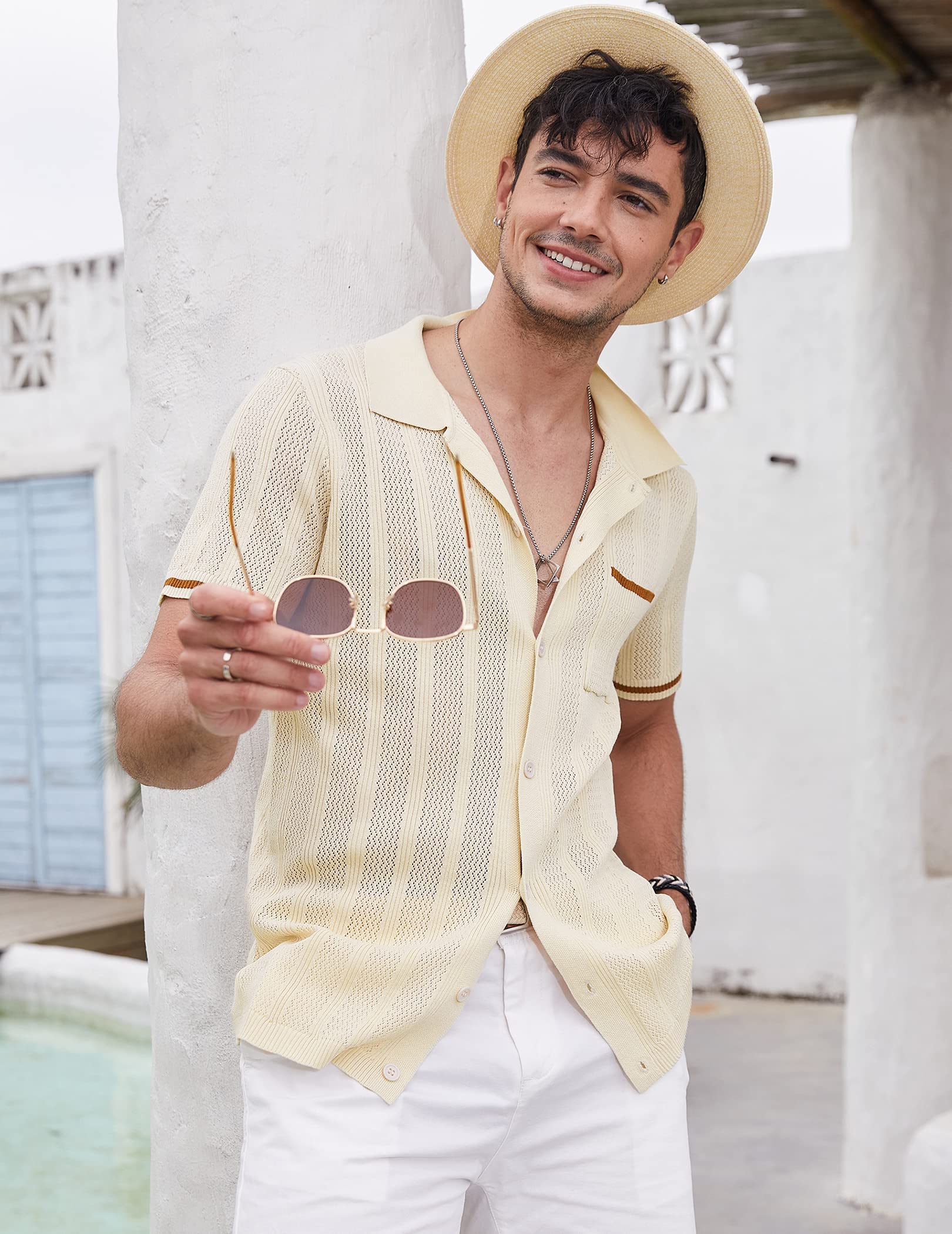 COOFANDY Beach Button Up Shirts for Men Knitted Collar Short Sleeve Polo Shirt Summer Vacation Cream
