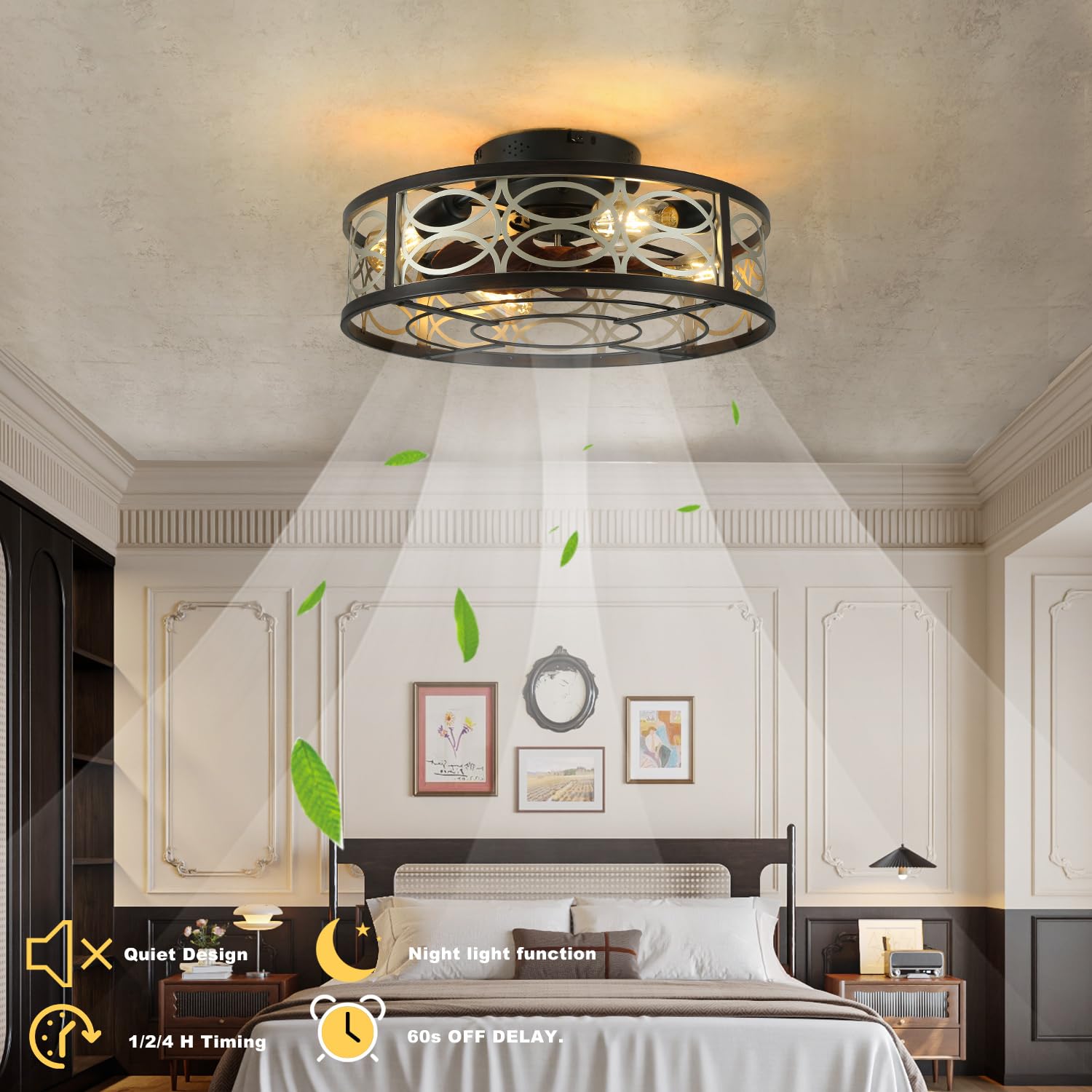 HUEOCZW 20" Caged Ceiling Fan with Light and Remote,bladeless Ceiling Fan 6 Speed Reversible with 4 Bulbs and Remote Control.Low Profile Ceiling Fan with Lights for Bedroom, Dining Room