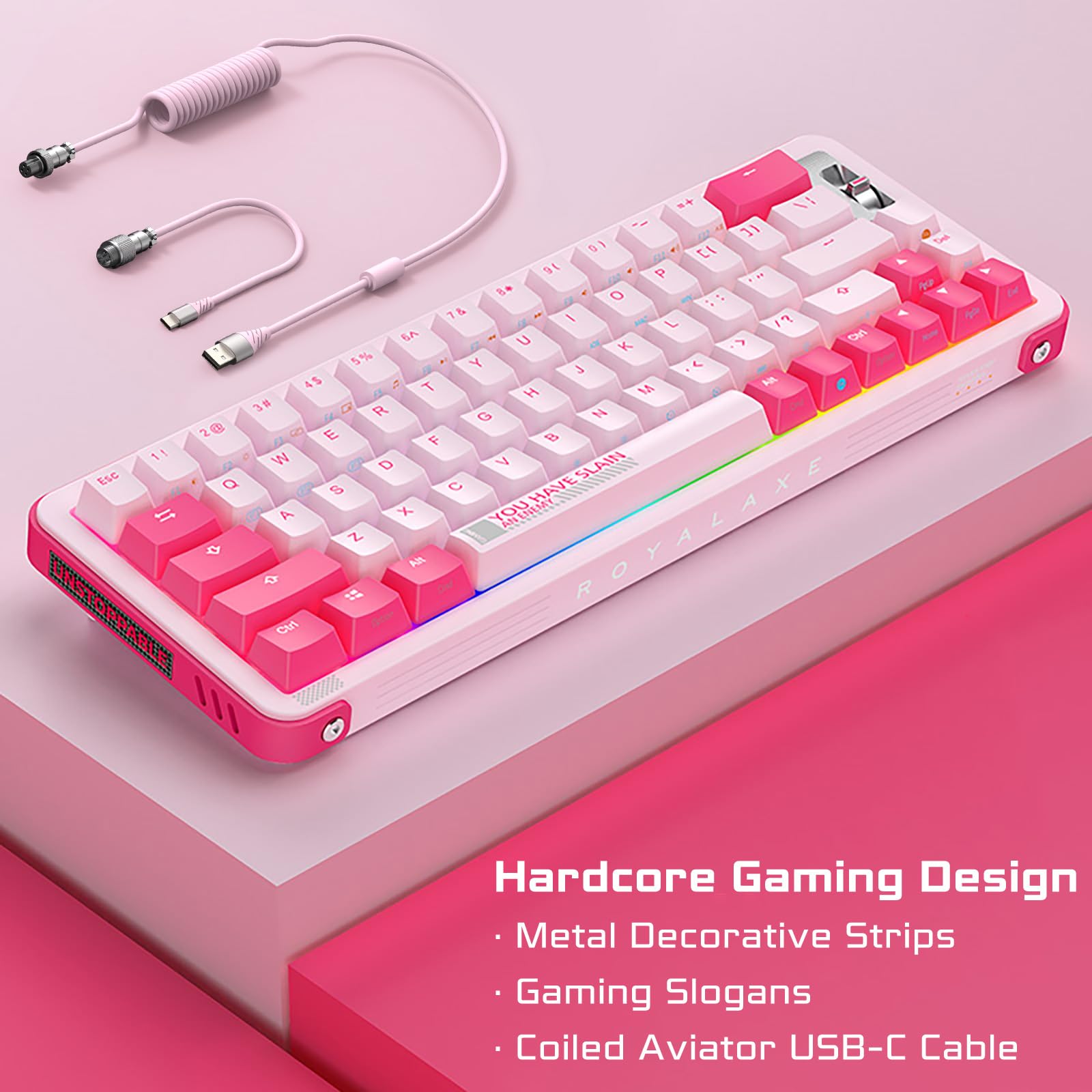 ROYALAXE Y68 TKL Wireless Mechanical Keyboard, Hot Swappable Wired/Bluetooth 5.0/2.4G Wireless Keyboard with RGB Light for Windows & Mac, PBT Keycap, Gateron G Yellow Pro Switch, Candy Pink