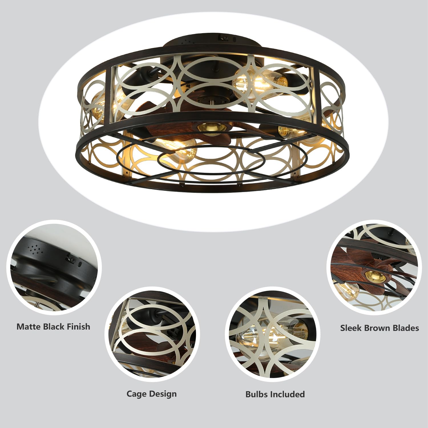 HUEOCZW 20" Caged Ceiling Fan with Light and Remote,bladeless Ceiling Fan 6 Speed Reversible with 4 Bulbs and Remote Control.Low Profile Ceiling Fan with Lights for Bedroom, Dining Room