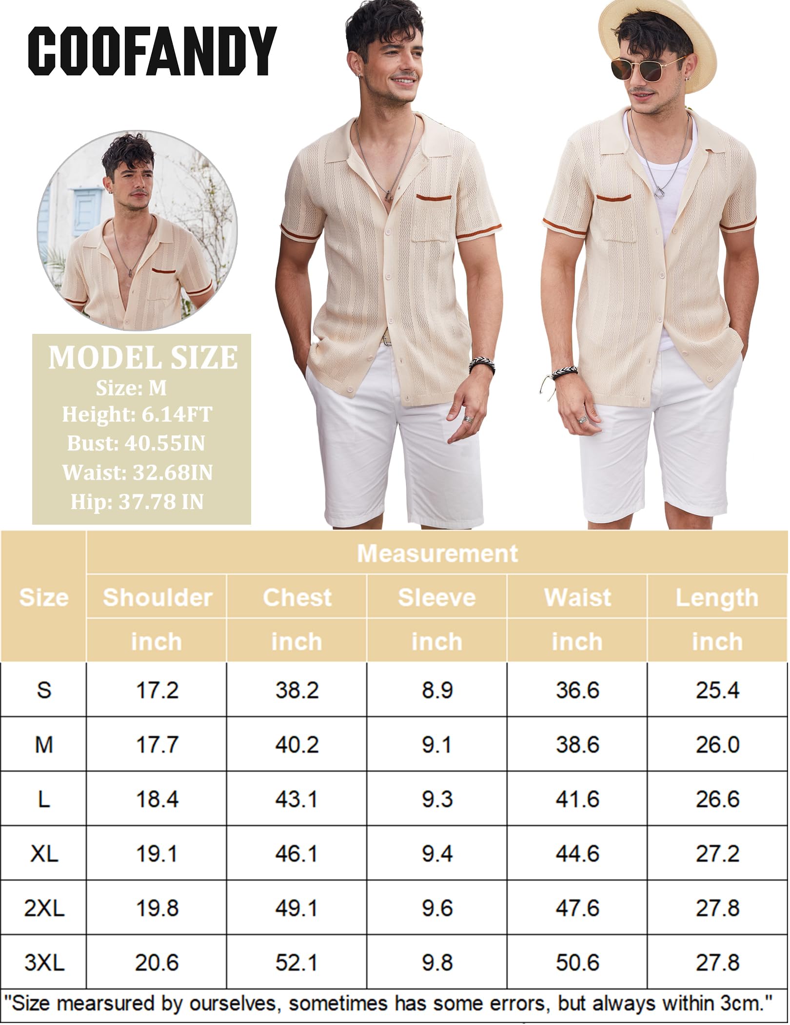 COOFANDY Beach Button Up Shirts for Men Knitted Collar Short Sleeve Polo Shirt Summer Vacation Cream