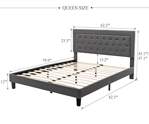 Benevika Queen Size Upholstered Platform Bed Frame with Linen Fabric Button Tufted Headboard, Wood Slat Support, Upholstered Mattress Foundation, No Box Spring Needed, Easy Assembly, Grey