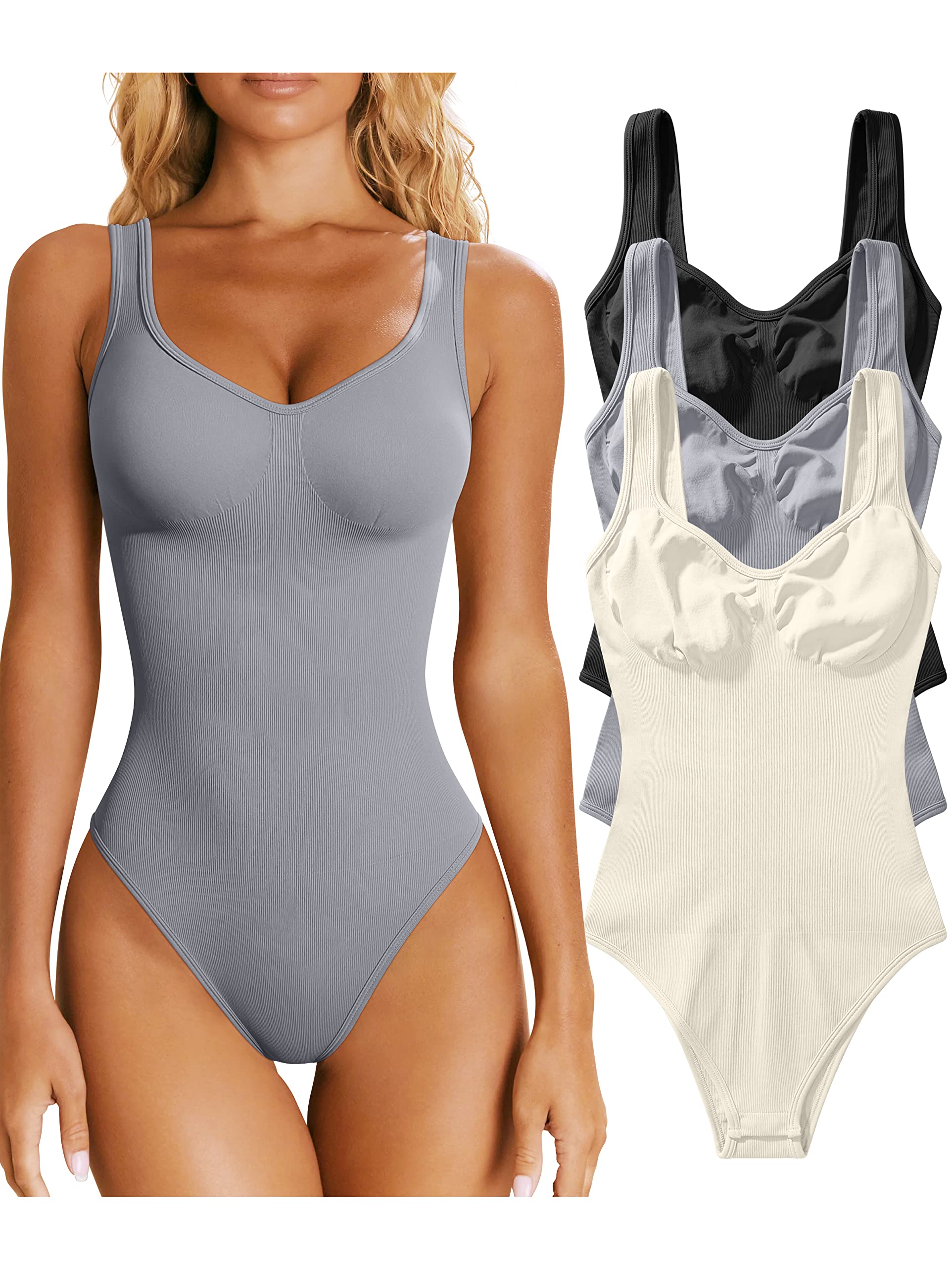 OQQ Women's 3 Piece Bodysuits Sexy Ribbed Sleeveless Shapewear Tank Tops 2025 Summer Leotard Black Grey Beige