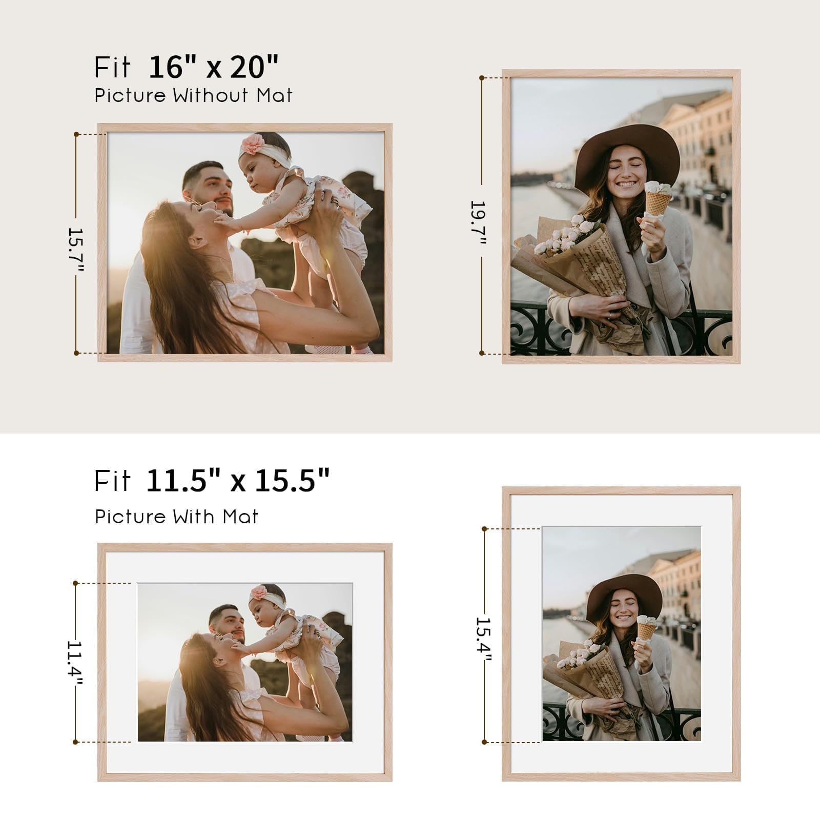puthiac 16x20 Picture Frames for Wall - Minimalist 16x20 Oak Wood Frames, 16"x20" Picture Frame Wood, Natural Solid Wooden Picture Frames for Wall Art Photo and Prints(1 Pack, Beige)