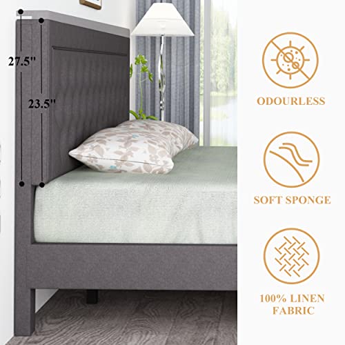 Benevika Queen Size Upholstered Platform Bed Frame with Linen Fabric Button Tufted Headboard, Wood Slat Support, Upholstered Mattress Foundation, No Box Spring Needed, Easy Assembly, Grey