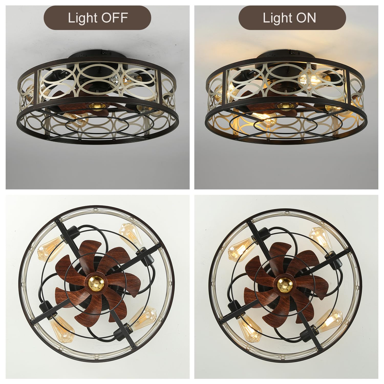 HUEOCZW 20" Caged Ceiling Fan with Light and Remote,bladeless Ceiling Fan 6 Speed Reversible with 4 Bulbs and Remote Control.Low Profile Ceiling Fan with Lights for Bedroom, Dining Room