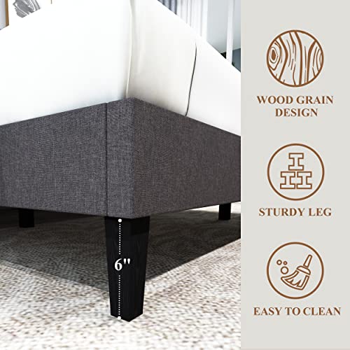 Benevika Queen Size Upholstered Platform Bed Frame with Linen Fabric Button Tufted Headboard, Wood Slat Support, Upholstered Mattress Foundation, No Box Spring Needed, Easy Assembly, Grey