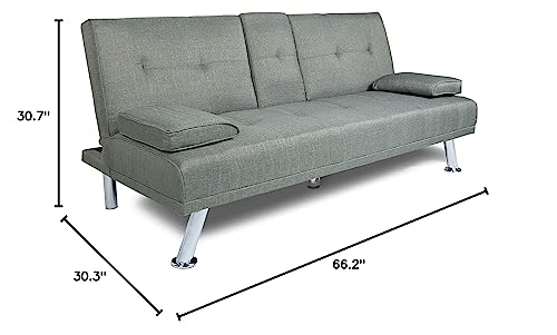 ERYE Modern Futon Loveseat Convertible Sleeper Bed for Living Room Apartment Small Space Furniture Sets with 2 Cup Holders Metal Legs,Removable Soft Pillow-Top Armrest, Sofa & Couch, Light Grey