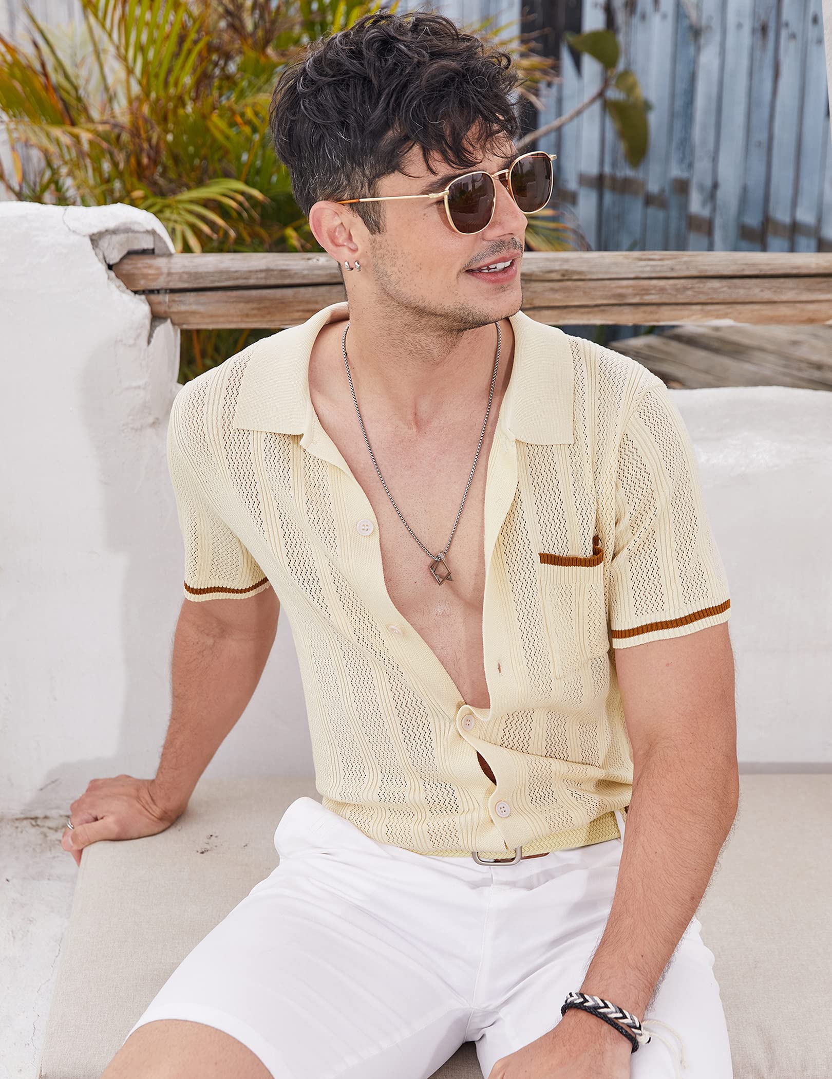 COOFANDY Beach Button Up Shirts for Men Knitted Collar Short Sleeve Polo Shirt Summer Vacation Cream