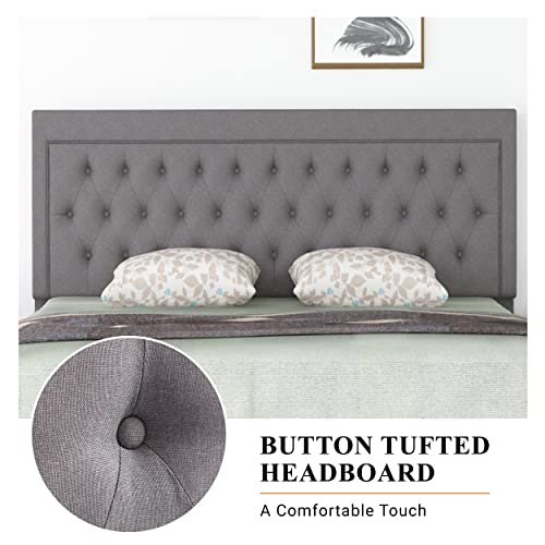 Benevika Queen Size Upholstered Platform Bed Frame with Linen Fabric Button Tufted Headboard, Wood Slat Support, Upholstered Mattress Foundation, No Box Spring Needed, Easy Assembly, Grey